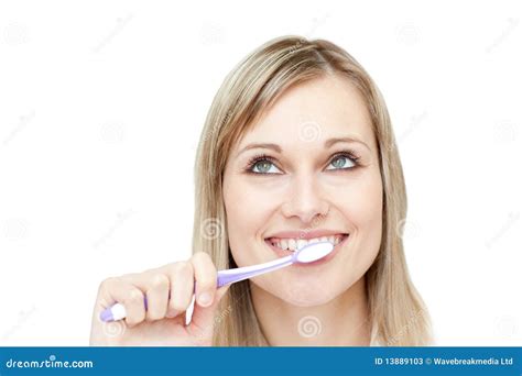 Portrait Of An Attractive Woman Brushing Her Teeth Stock Image Image