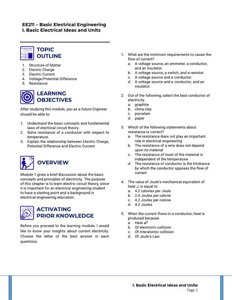 I Basic Electrical Ideas And Units I Basic Electrical Ideas And Units Topic Outline