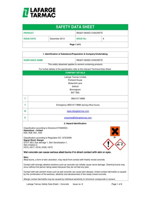 Safety Data Sheet Concrete Pdf Personal Protective Equipment Concrete