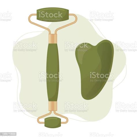 석영과 옥 얼굴 롤러와 구아 샤 스크레이퍼 스킨 뷰티 케어 컨셉 크리스탈 롤러 과샤 마사지기의 벡터 고립 된 그림 제이드 롤러에