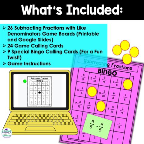 Subtracting Fractions Bingo Game With Like Denominators
