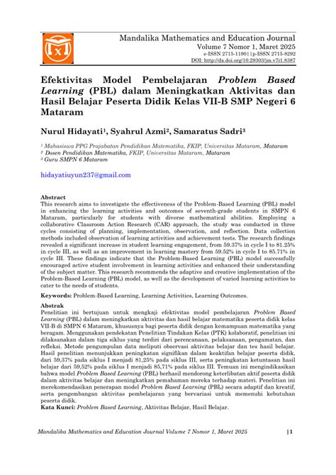 pdf efektivitas model pembelajaran problem based learning pbl dalam