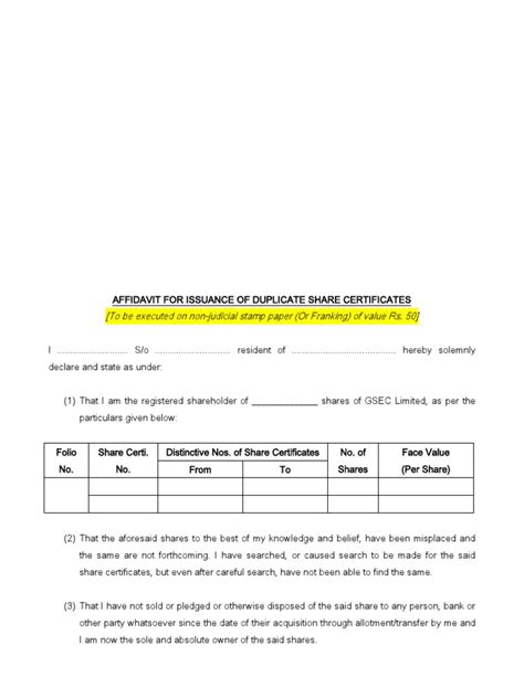 Affidavit For Issuance Of Duplicate Share Certificate Pdf