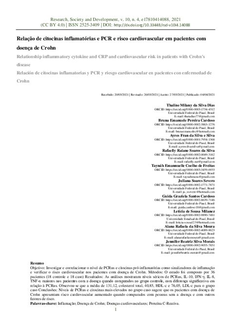 Pdf Relação De Citocinas Inflamatórias E Pcr E Risco Cardiovascular