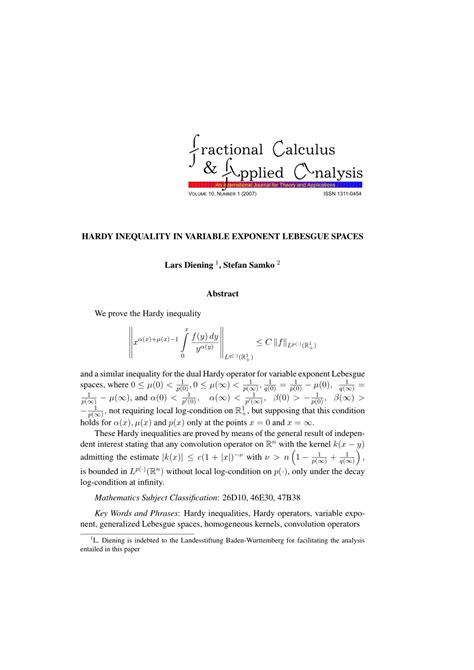 Pdf Hardy Inequality In Variable Exponent Lebesgue Spaces