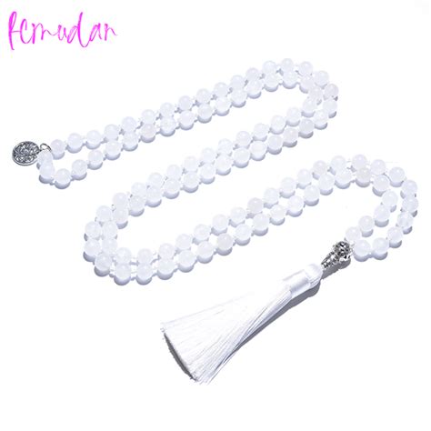 Fcmudanl 8mm White Jade Knotted 108 Mala Prayer Beaded Necklace
