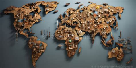 World Map Composed Of Colorful Household Objects On A Blue Background