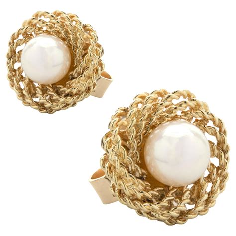 14 Karat Yellow Gold Woven Love Knot Twist Pearl Stud Earrings At
