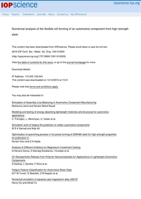 Pdf Numerical Analysis Of The Flexible Roll Forming Of An Automotive Component From High