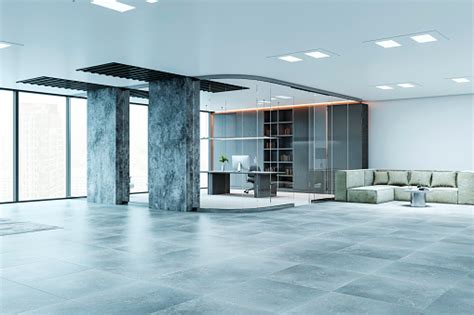 우아한 책상 편안한 소파 자연 채광이 많이 들어오는 대형 창문이 있는 현대적인 사무실 인테리어 기업 환경의 개념입니다 3d 렌더링 0명에 대한 스톡 사진 및 기타 이미지