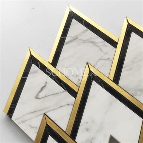 Brass And White Thassos Marble Waterjet Stone Inlay Mosaic Tile For