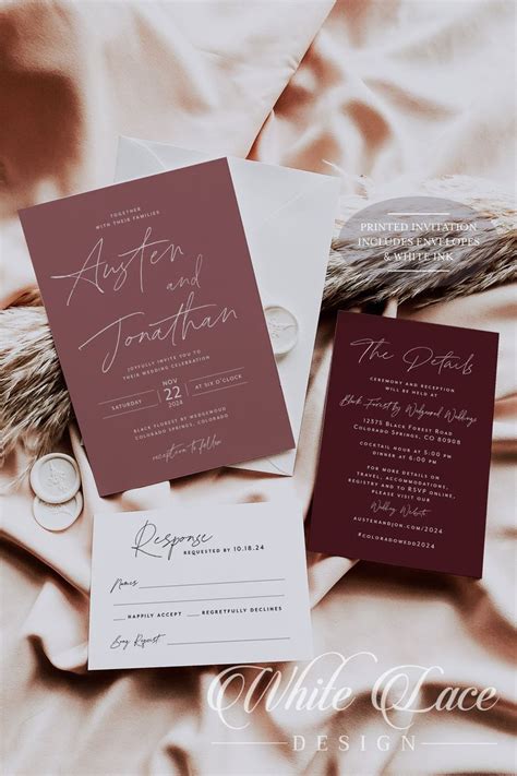 Mauve And Burgundy Wedding Invitation Suite With White Ink Cinnamon