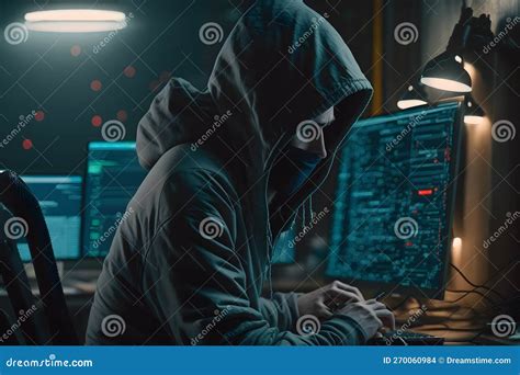 Dangerous Hooded Hacker Breaks In Dark Atmosphere Cartoon Vector 140432443
