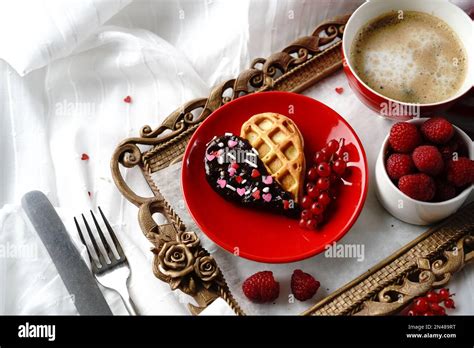 Valentines Day Breakfast In Bed Heart Shaped Waffles Cappuccino