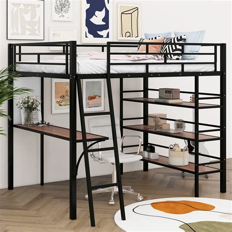 Isabelle And Max™ Aiyonna Full Size Loft Metal Bed With 3 Layers Of Shelves Desk And Whiteboard