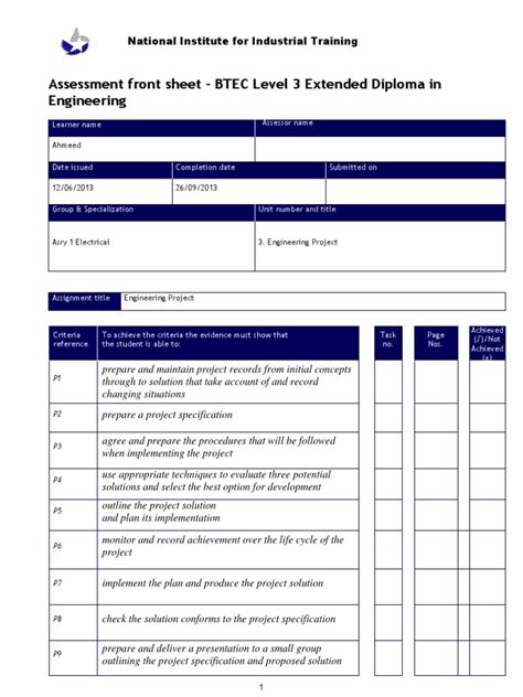 Engineering Project Specification Technical Standard Engineer