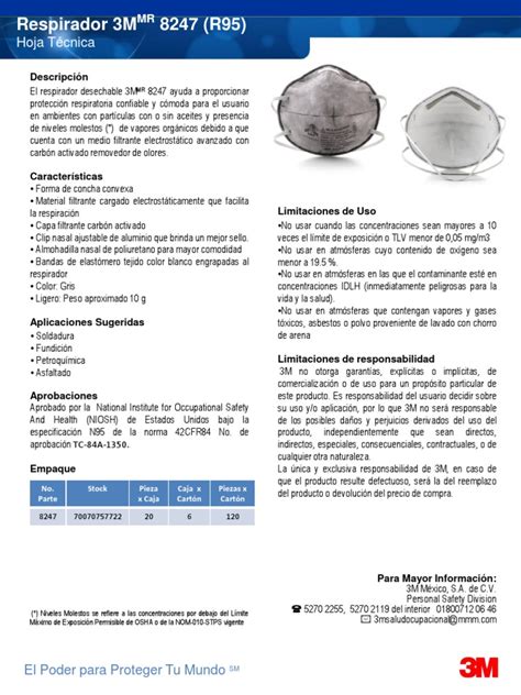 Ficha Tecnica 3m Mascarilla 8247 Polvos Neblinas Vapores Organicos r95 ...