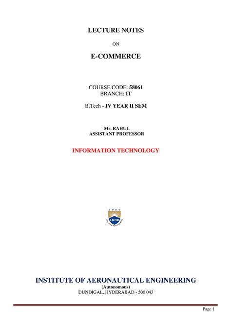 Iare E Commerce Lecture Notes Lecture Notes On E Commerce Course Code 58061 Branch It B Iv