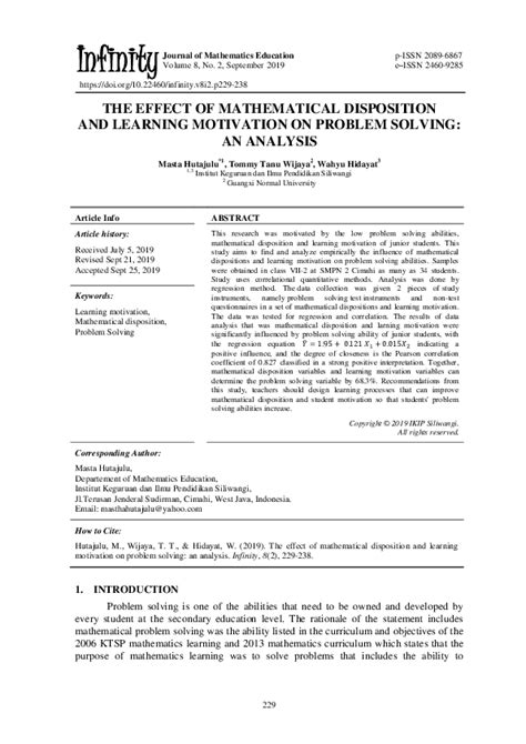 Pdf The Effect Of Mathematical Disposition And Learning Motivation On