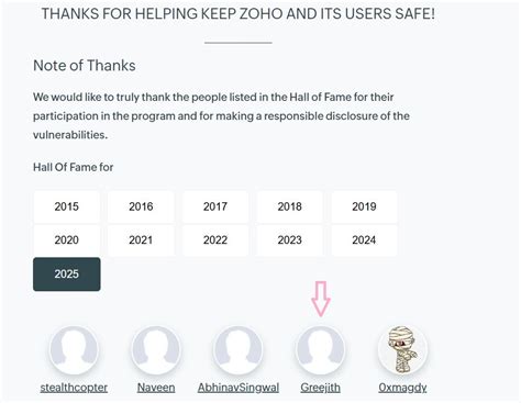 Cybersecurity Ethicalhacking Zoho Halloffame Bugbounty Greejith K