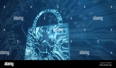 Composition Of Glowing Computer Microchip And Motherboard Padlock Symbol On Dark Background
