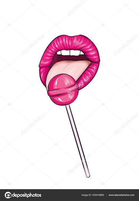 Girl Licks Candy Stick Womens Lips Tongue Sweet Vector Illustration