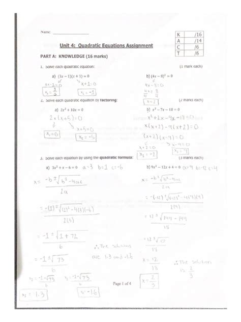 Unit 4 Quadratic Equations Assignment Pdf