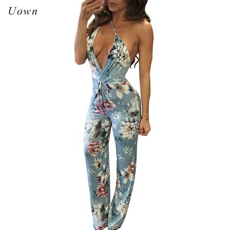 Floral Printed Backless Jumpsuit Women Strap Plunge Deep V Neck Beach