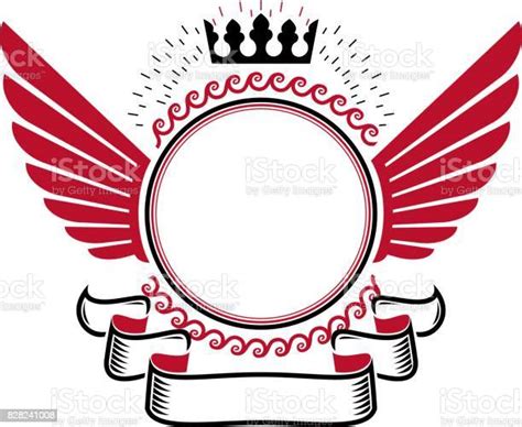 그래픽 상징 로얄 크라운 요소 붉은 날개와 우아한 리본 구성 팔의 문장 학 외 투 절연 장식적인 상징 벡터 일러스트 고대의에 대한 스톡 벡터 아트 및 기타 이미지 Istock