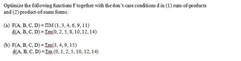 Solved Sum Of Product And Product Of Sum Optimize The