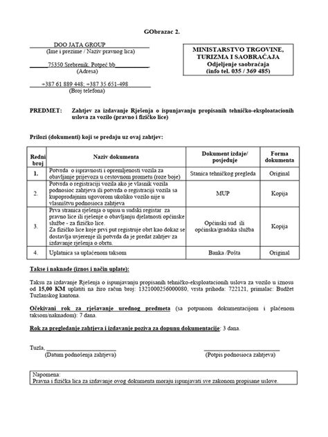 Obrazac 2 Zahtjev Za Izdavanje Rješenja O Ispunjavanju Propisanih