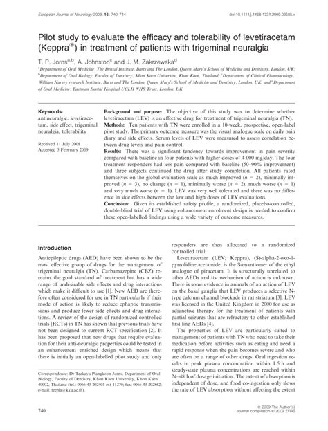 PDF Pilot Study To Evaluate The Efficacy And Tolerability Of Levetiracetam Keppra In