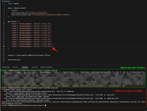 search tables api internalserviceexception an error occurred when