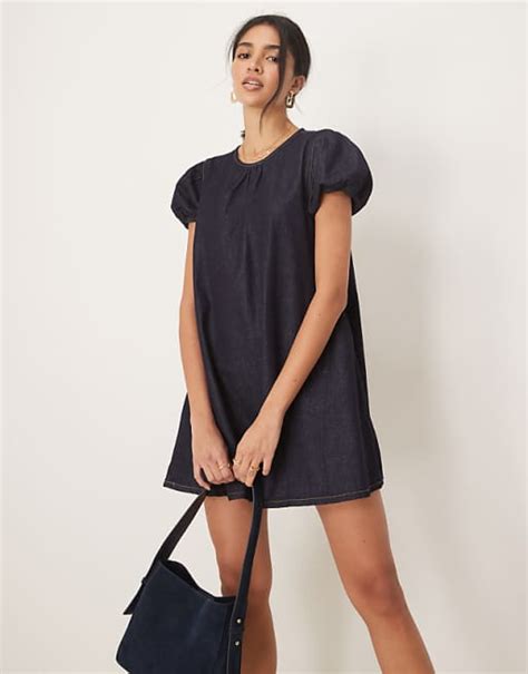 Asos Design Vestito Grembiule Corto In Denim Con Maniche A Sbuffo Asos