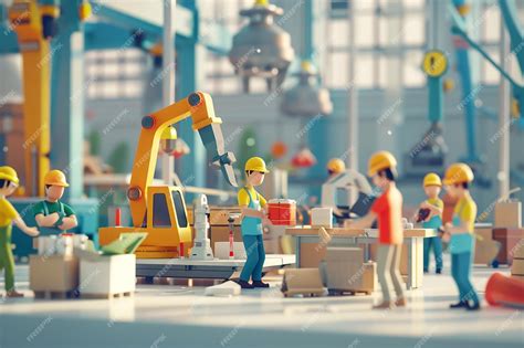 3d Animation Depicting Factory Workers Assembling Products Celebrating