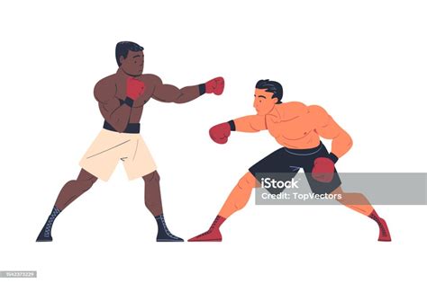스포츠 반바지와 권투 글러브를 입은 두 명의 프로 권투 선수가 링 만화 벡터 일러스트레이션에서 상대를 때리고 있다 권투 스포츠에 대한 스톡 벡터 아트 및 기타 이미지