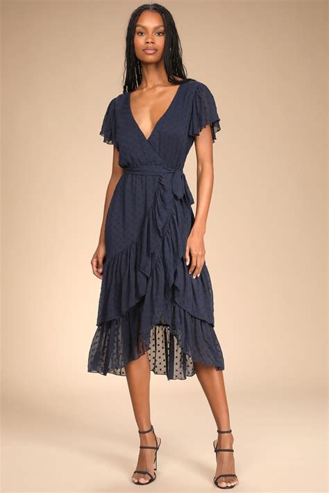Navy Blue Midi Dress Ruffled Midi Dress Swiss Dot Dress Lulus