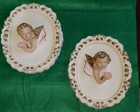 Vintage 1960s Chalkware Cherub Plaques Mid Century Kitsch Wall Decor £