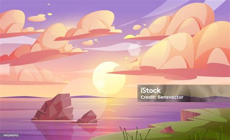 바다의 일몰 또는 일출 자연 풍경 배경 만화 벡터 삽화 분홍색 구름이 하늘을 날아다니며 바위가 붙어 있는 바다 위의 빛나는 태양 저녁 또는 아침 배경 수면 1위에 대한 스톡