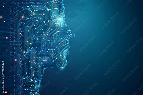 Abstract Human Head Profile Made Of Circuit Board And Binary Code On Blue Background