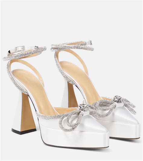 Mach Mach Double Bow Embellished Silk Satin Platform Pumps In White