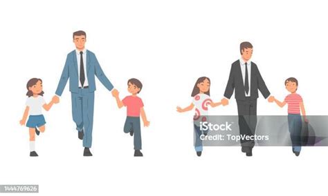 아빠는 딸과 아들의 손을 잡고 있습니다 아버지가 아이들을 학교에 데려 가는 만화 벡터 일러스트 레이 션 가방에 대한 스톡 벡터