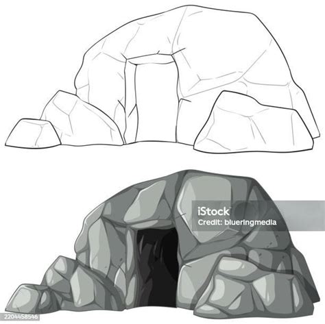 바위 동굴의 상세한 벡터 일러스트레이션으로 라인 아트와 컬러 버전을 모두 보여줍니다 교육 및 창의적 프로젝트에 이상적 0명에 대한 스톡 벡터 아트 및 기타 이미지 Istock