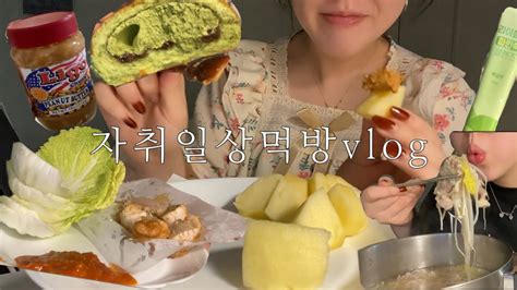 Sub•vlog🍎 자취생의 현실 먹방브이로그 땅콩버터사과 알배추쌈닭가슴살 브레디크말차생크림빵 라이블링 애사비 우
