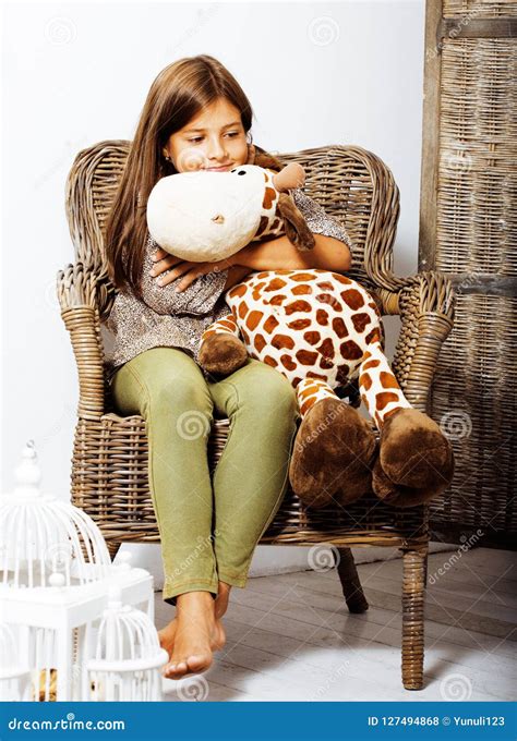Little Cute Brunette Girl At Home Interior Happy Smiling Close U Stock