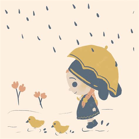 Premium Vector A Walking Girl In The Rainning Day