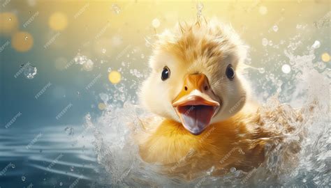 Premium Photo Little Yellow Duck Splashing In The Water