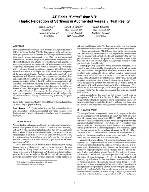 Pdf Ar Feels Softer” Than Vr Haptic Perception Of Stiffness In Augmented Versus Virtual Reality