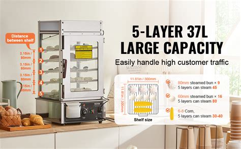 VEVOR Commercial Food Warmer Display 5 Tier Food Steamer Buns Warmer