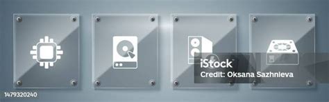 Set Computer Cooler Case Of Computer Hard Disk Drive Hdd And Processor With Cpu Square Glass